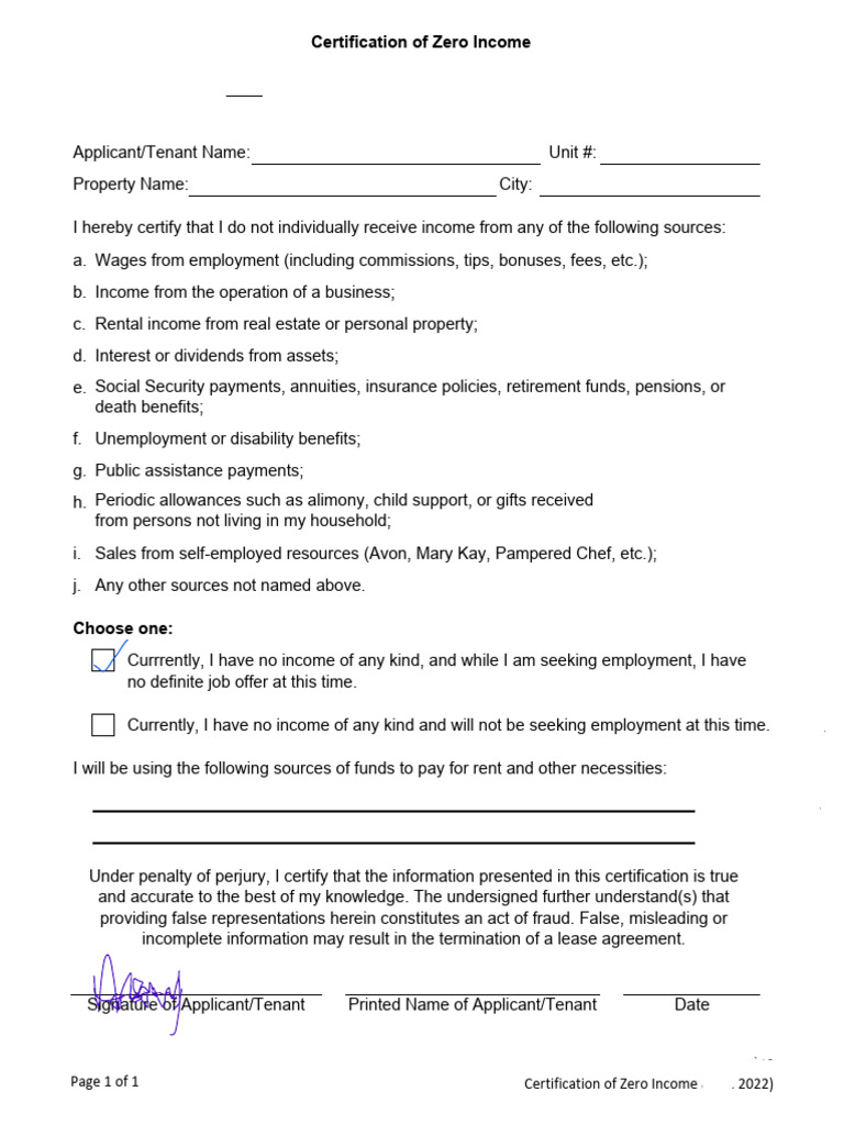 Zero Income Certification Form | PDF