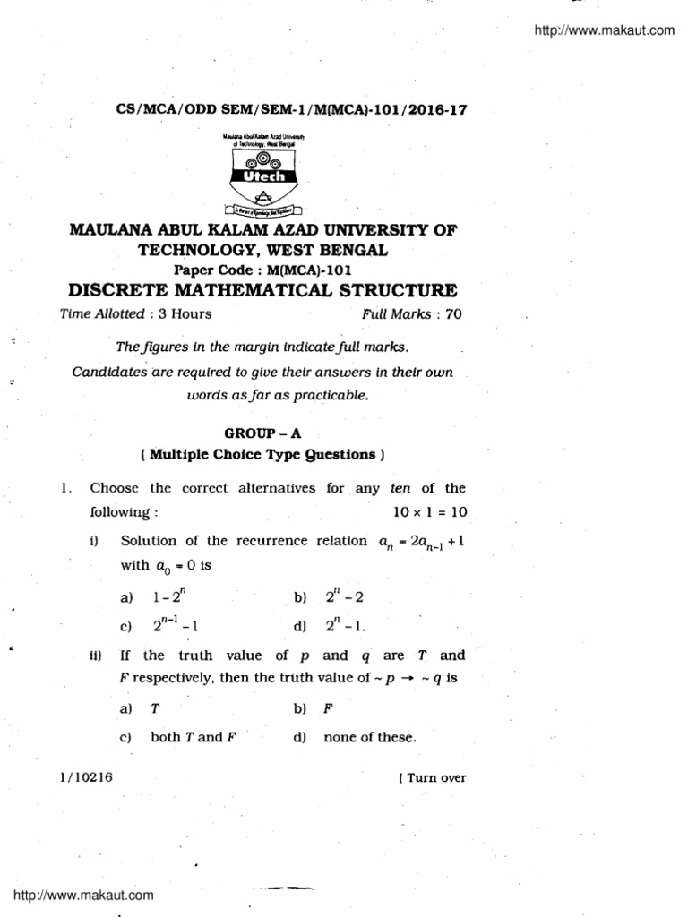 Mca 1 Sem Discrete Mathematical Structure M (Mca) 101 2017 | PDF