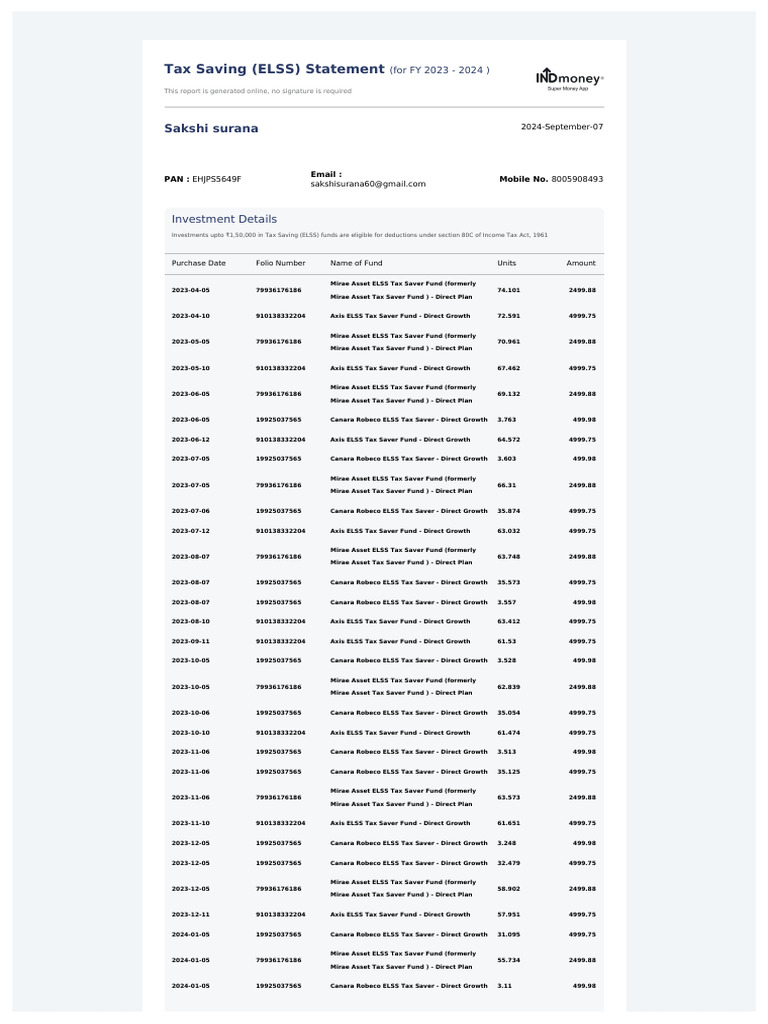 Axis ELSS Tax Saver Fund Statement 2024 | PDF | Taxes | Money