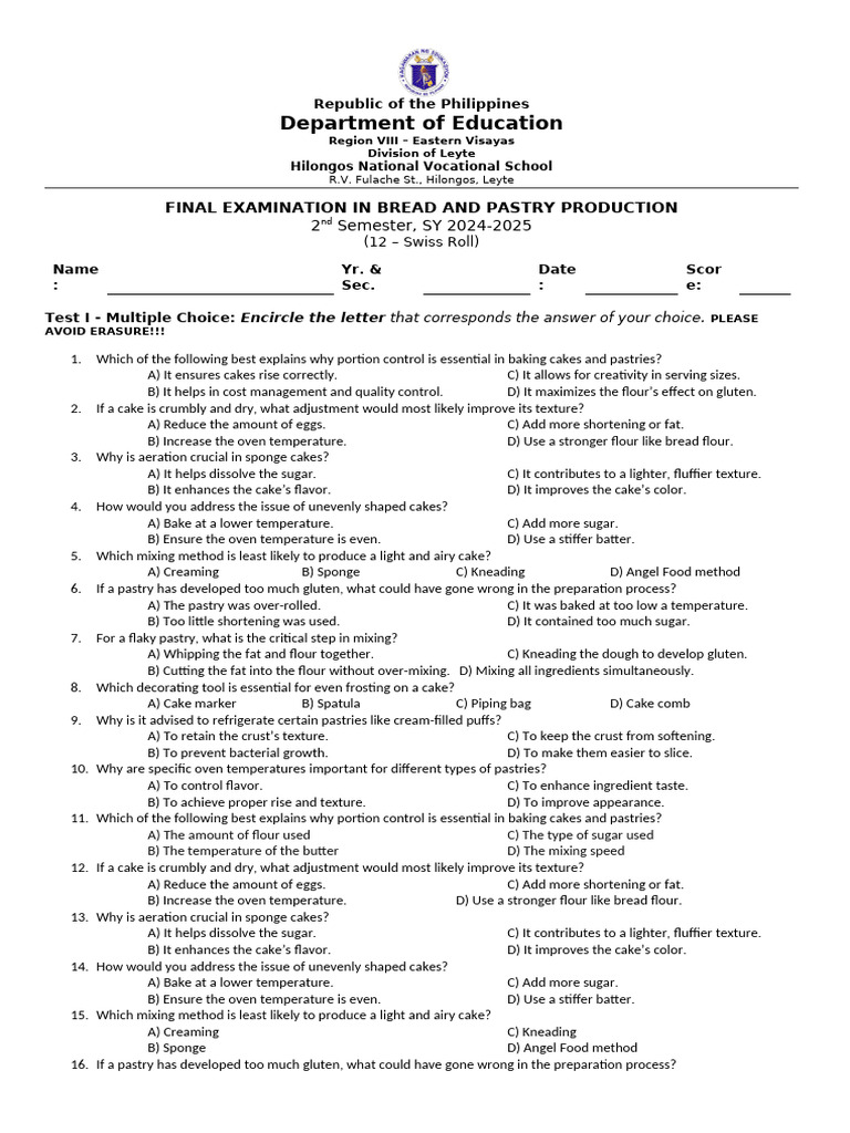 Final Term Examination BPP 2024-2025 | PDF | Cakes | Baking