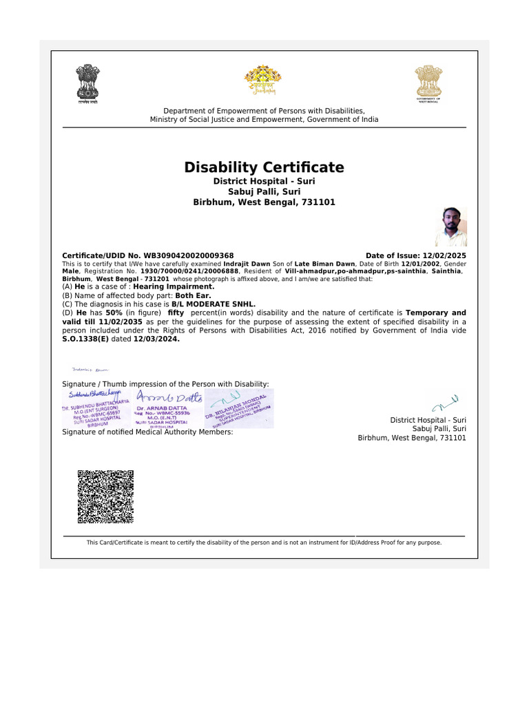 Disability Certificate - West Bengal | PDF