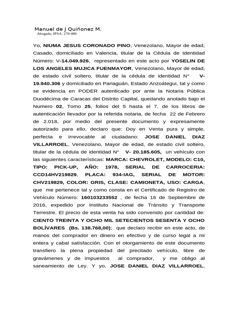 Vehiculo Compra Venta Por Poder Osnel | PDF