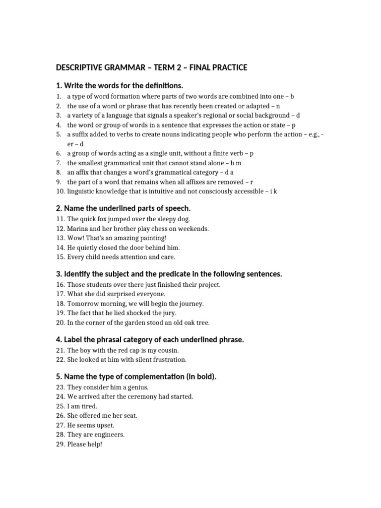 Descriptive Grammar Final Practice JP | PDF | Word | Phrase