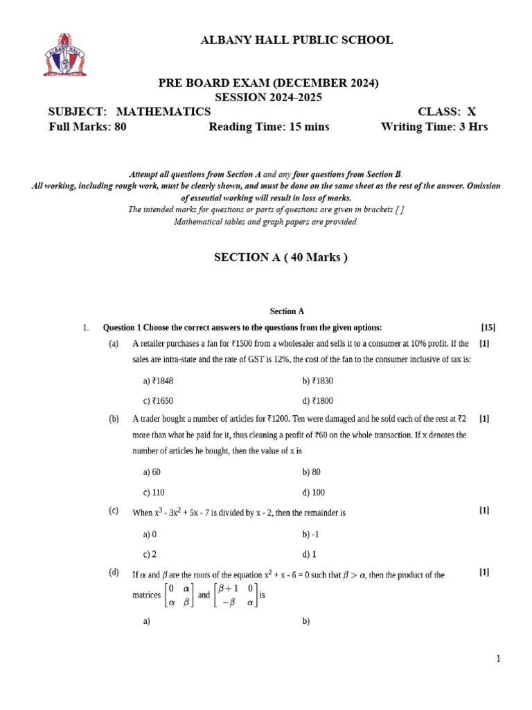 Class 10 Preboard Math | PDF