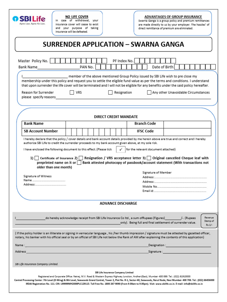 SBI Life - Swarna Ganga - Surrender Form | PDF | Insurance | Banks