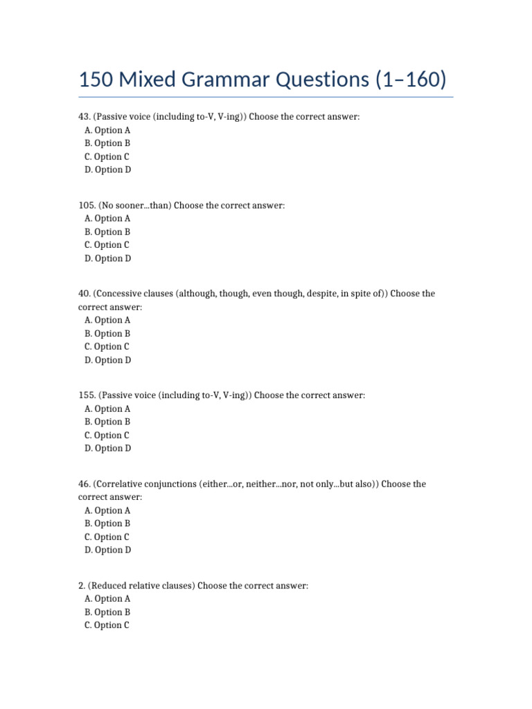 150 Mixed Grammar Questions 1 To 160 | PDF | Grammatical Tense | Grammar