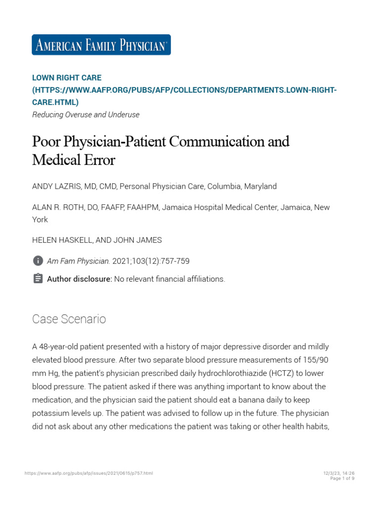 Week 10 - Case Analysis - Poor Physician-Patient Communication and ...