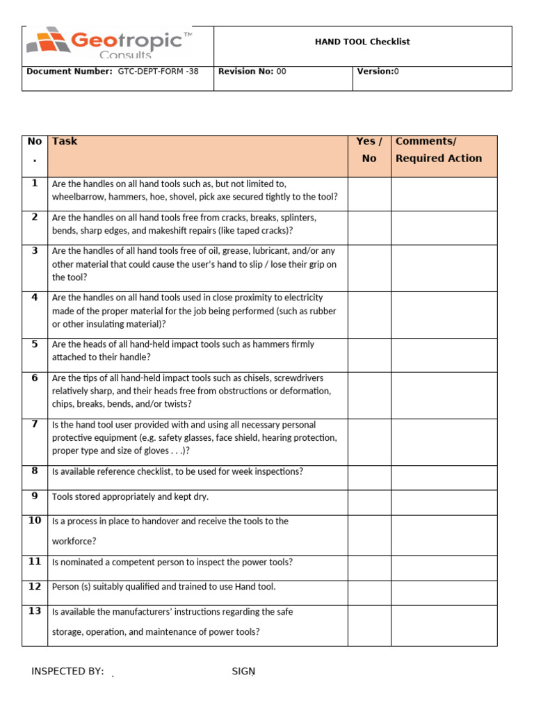Hand Tool Safety Inspection Checklist | PDF