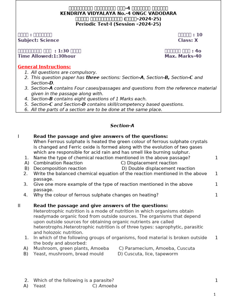 Class 10 Science Periodic Test I 2024-25 | PDF | Light | Optics