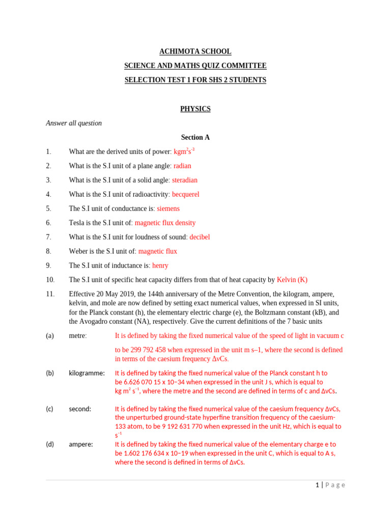 SHS 2 NSMQ Physics Test 1 Questions and Answers | PDF | Temperature ...