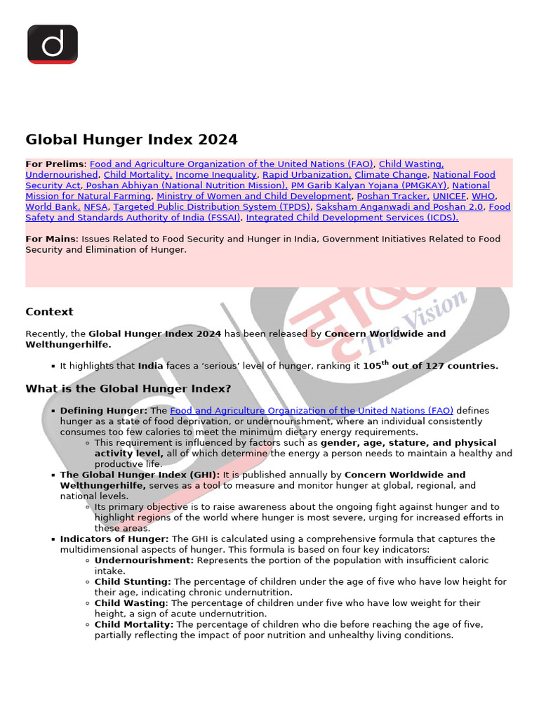 Global Hunger Index 2024: India's Rank 105 | PDF | Malnutrition | Hunger
