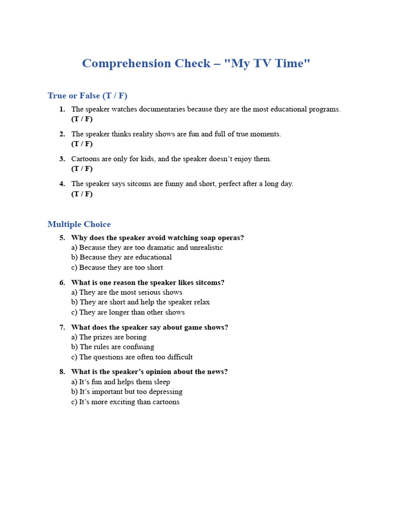 Comprehension Check: TV Show Preferences | PDF