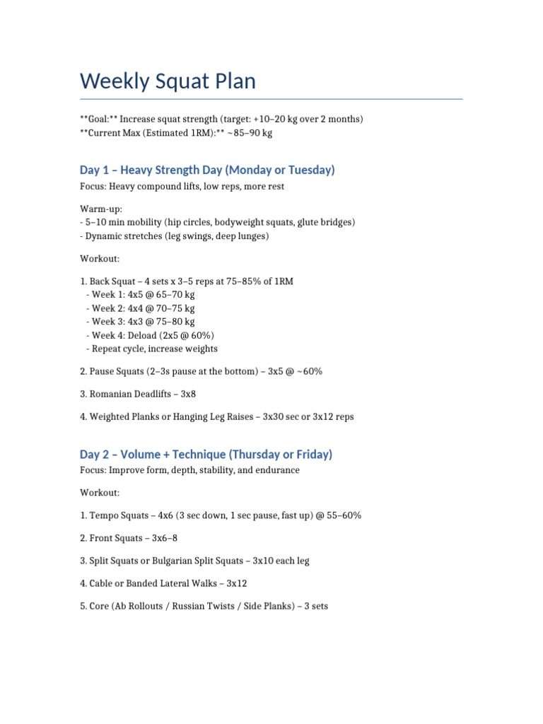 Weekly Squat Strength Program | PDF