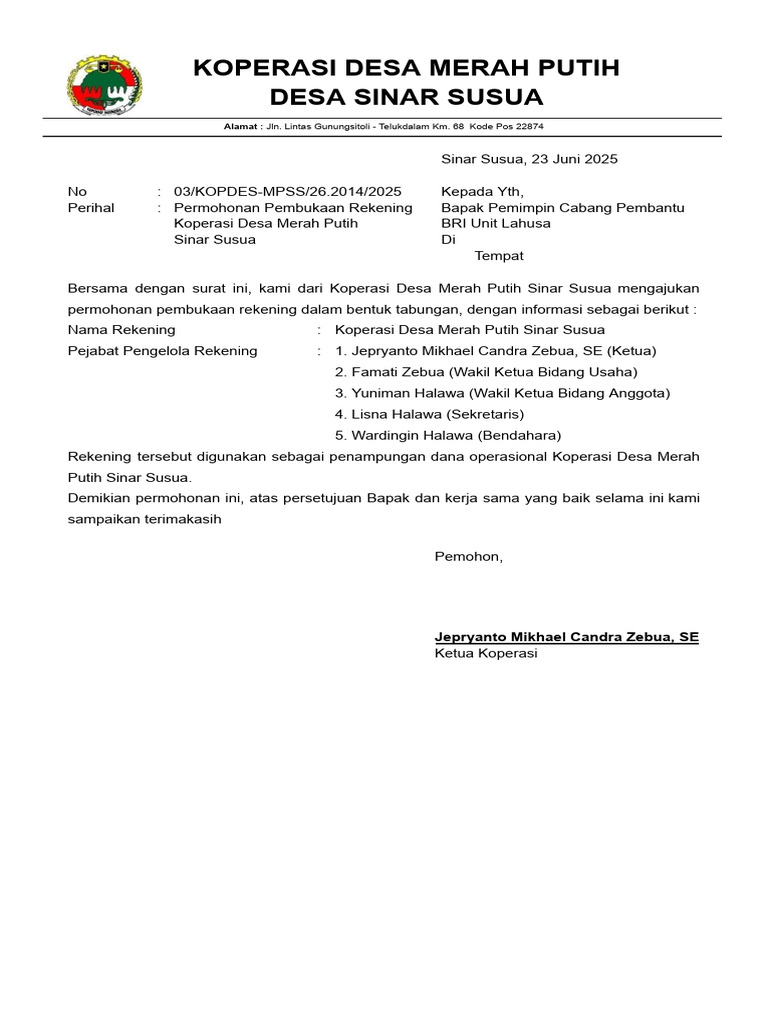 Permohonan Pembukaan Rekening Koperasi | PDF
