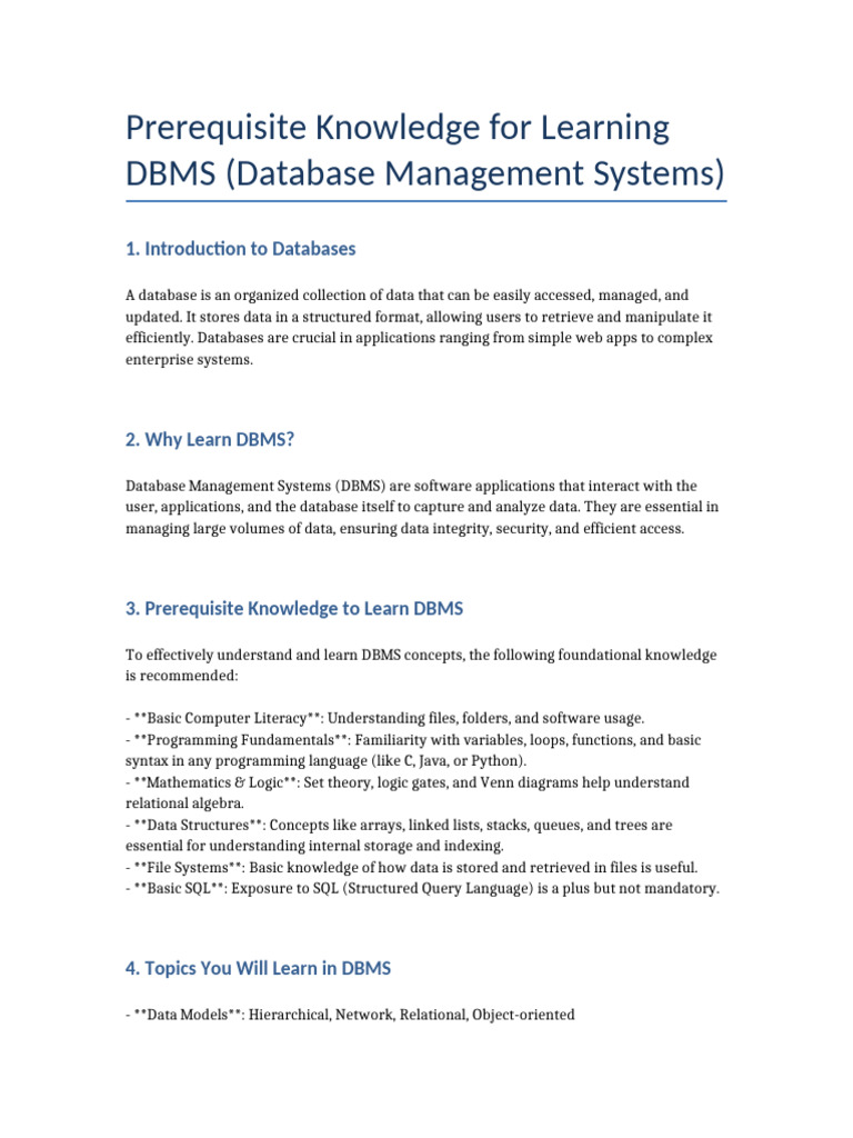 DBMS Learning Prerequisites Guide | PDF