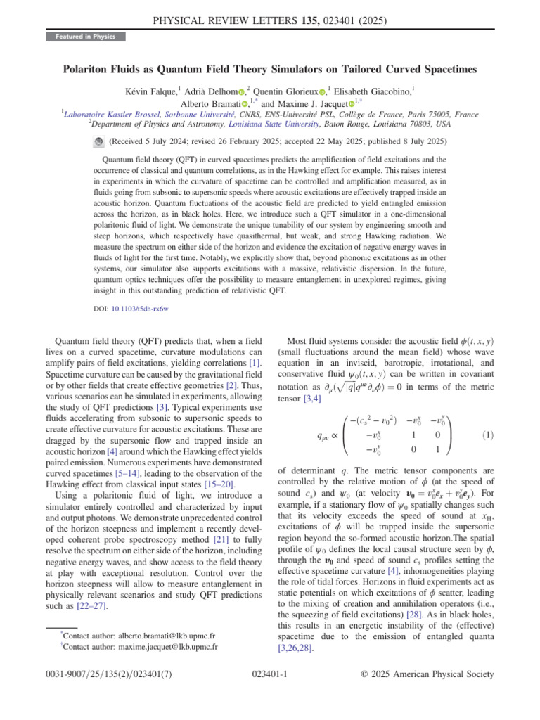 Polariton Fluids As Quantum Field Theory Simulators On Tailored Curved Spacetimes (PRL 135 ...