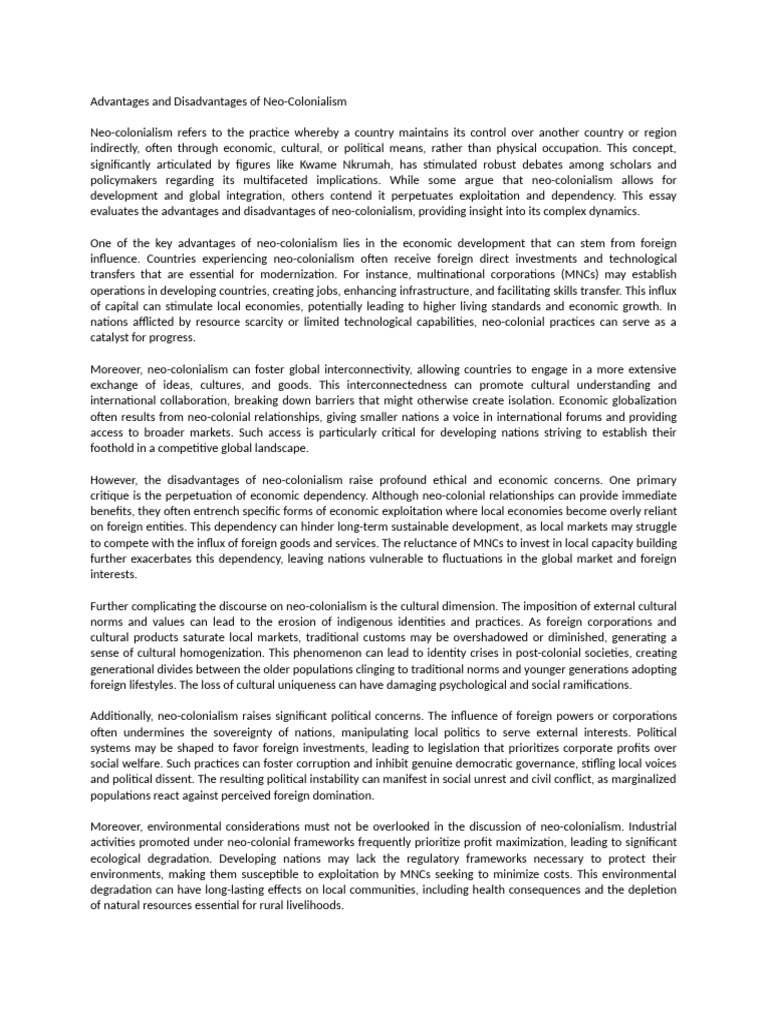 Neo-Colonialism: Pros and Cons Explained | PDF | Economies