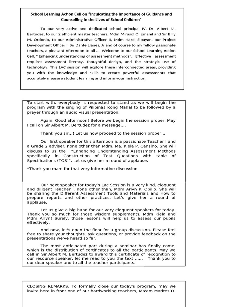 School Learning Action Cell Script Emcee | PDF | Intelligence | Pedagogy