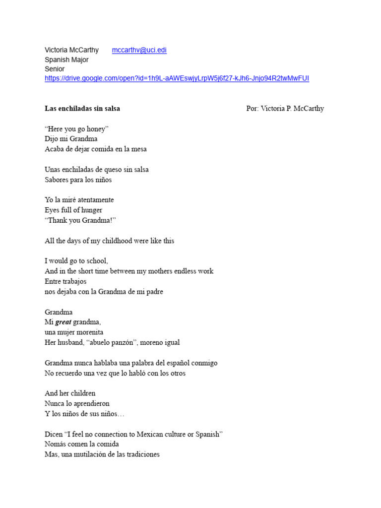 Spanglish Poem Victoria P. McCarthy | PDF