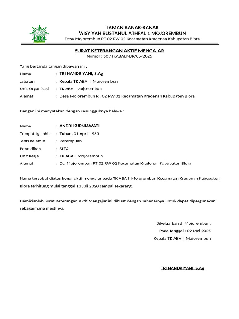 Surat Pernyataan Aktif Mengajar 2025 | PDF