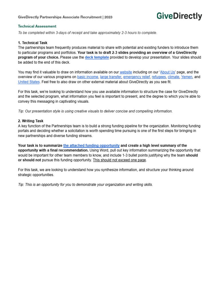 GiveDirectly Partnerships Associate Tasks | PDF