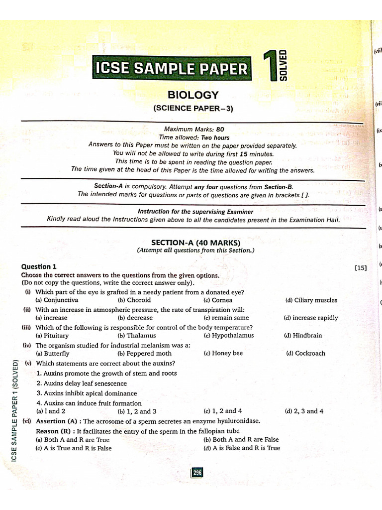 BIOLOGY ICSE Sample Papers (Solved) | PDF