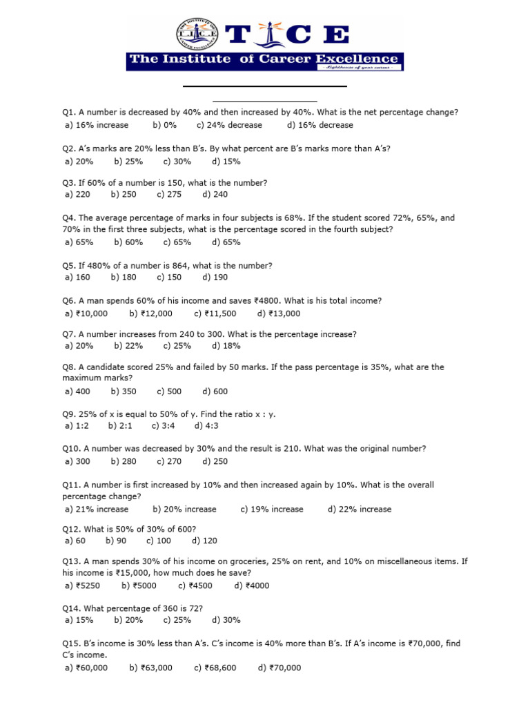 Percentages: Aptitude Training Questions | PDF | Consumption (Economics ...