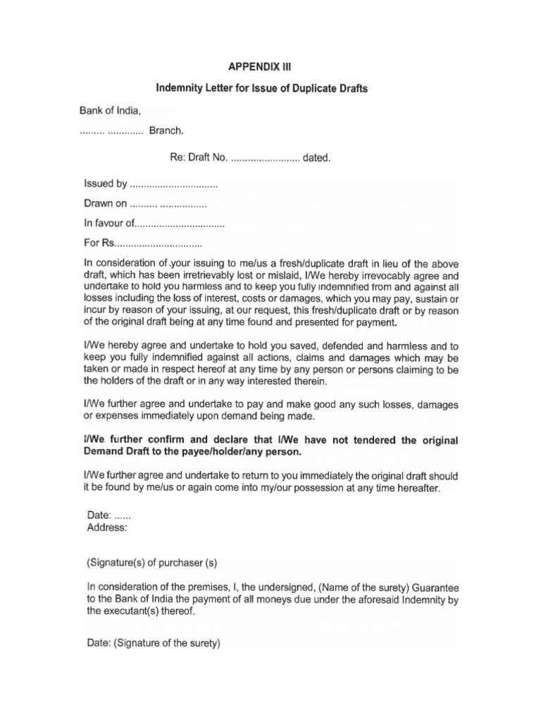 Indemnity Letter For Issue of Duplicate Drafts APPENDIX III | PDF