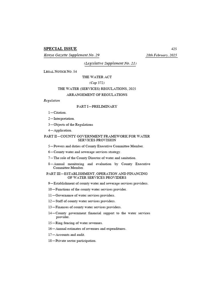 Water Services Regulations 2025 Kenya | PDF | Expense | Water Supply