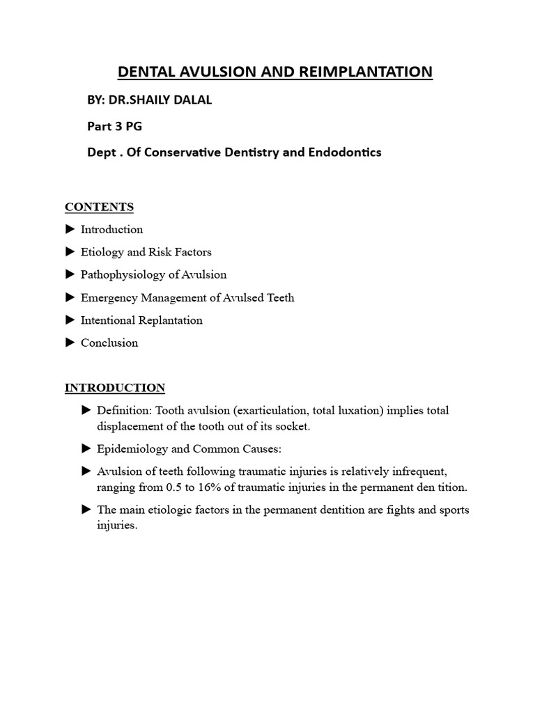 Dental Avulsion and Reimplantation | PDF | Periodontology | Human Tooth