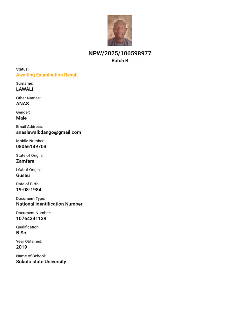 National ID Application Status: LAWALI | PDF