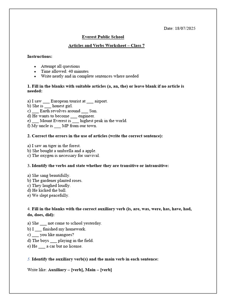 Class 7 Worksheet 1 | PDF