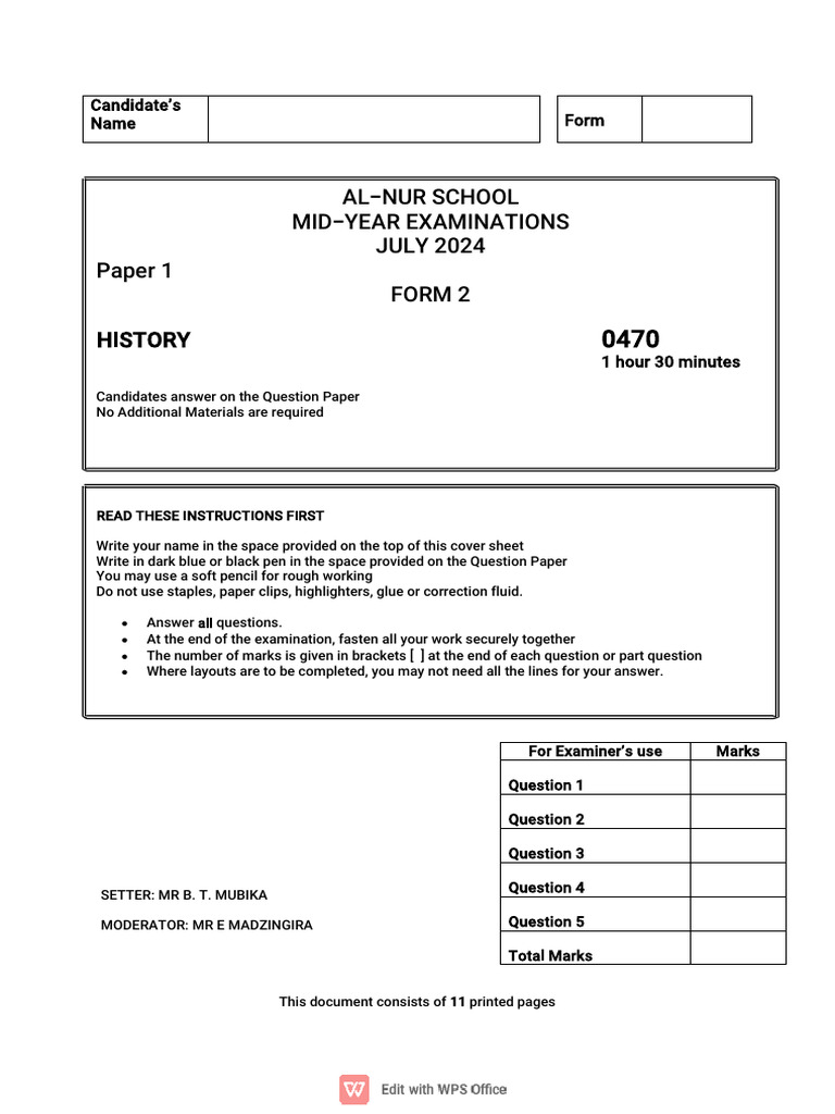 Form 2 Mid Year Exam | PDF