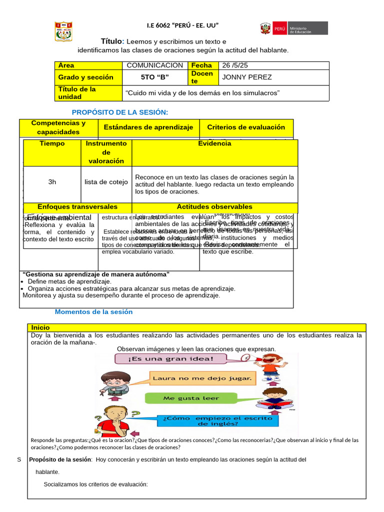 Sesion Leemos Un Texto e Identificaos La Clases de Oraciones Segun La ...