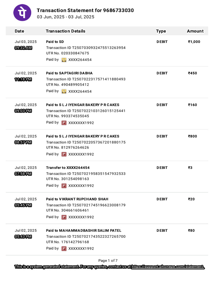 PhonePe Statement Jun2025 Jul2025 | PDF | Debits And Credits | Debit Card
