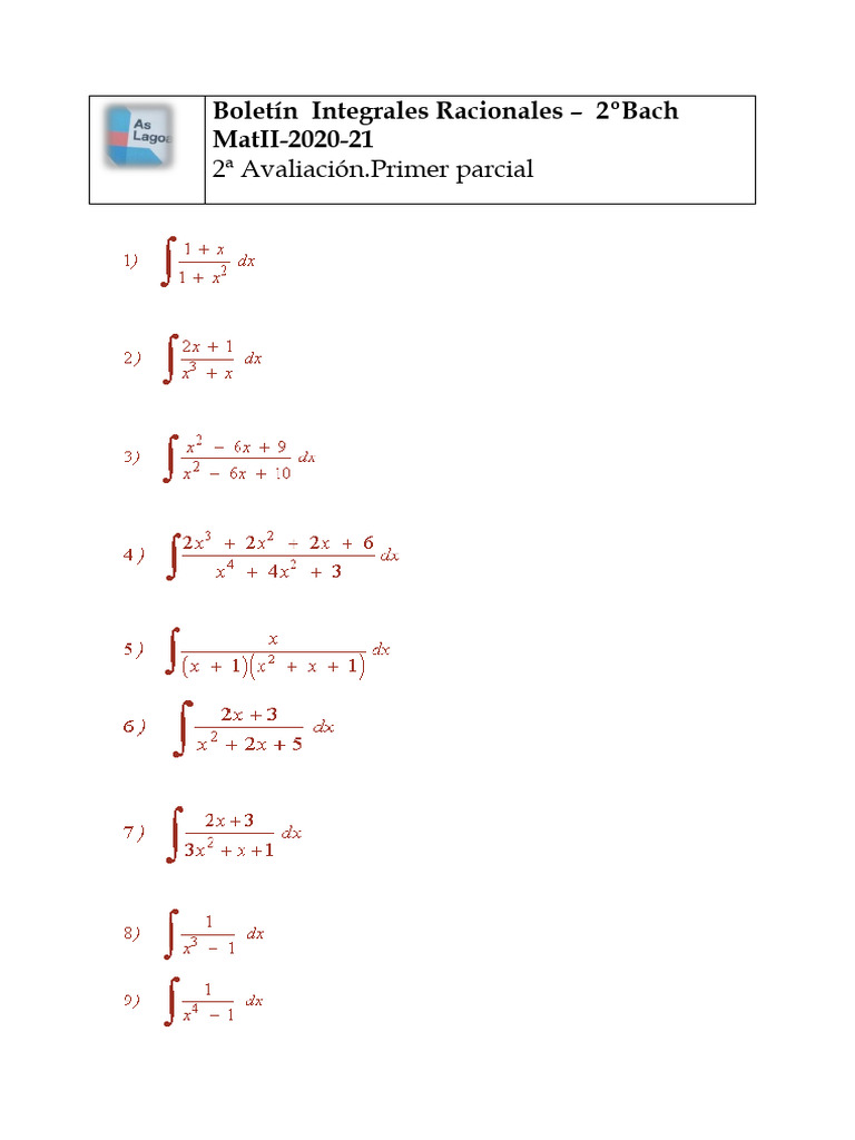 Boletín Integrales Racionales-Compleja | PDF