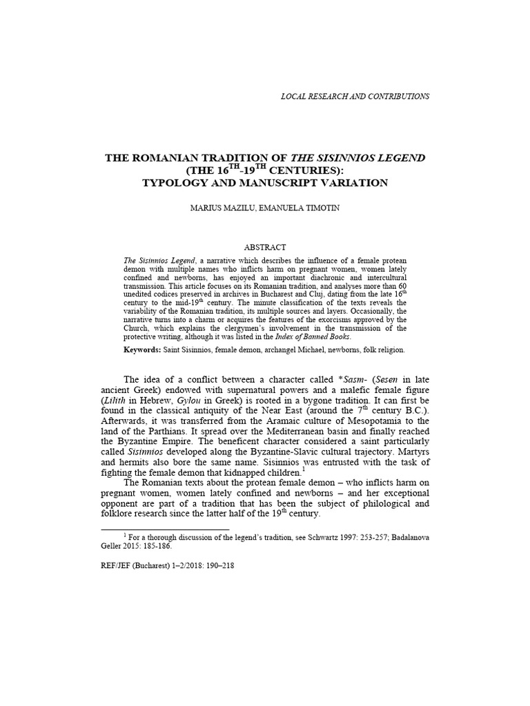 Romanian Sisinnios Legend Analysis | PDF | Demons | Philology