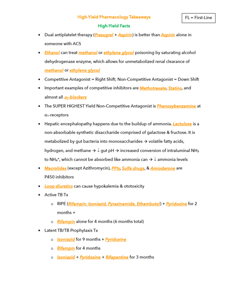 High-Yield Pharmacology Takeaways | PDF | Cholesterol | Enzyme Inhibitor