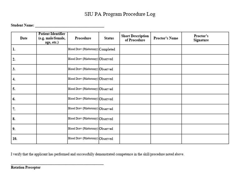 SIU PA Program Procedure Log | PDF