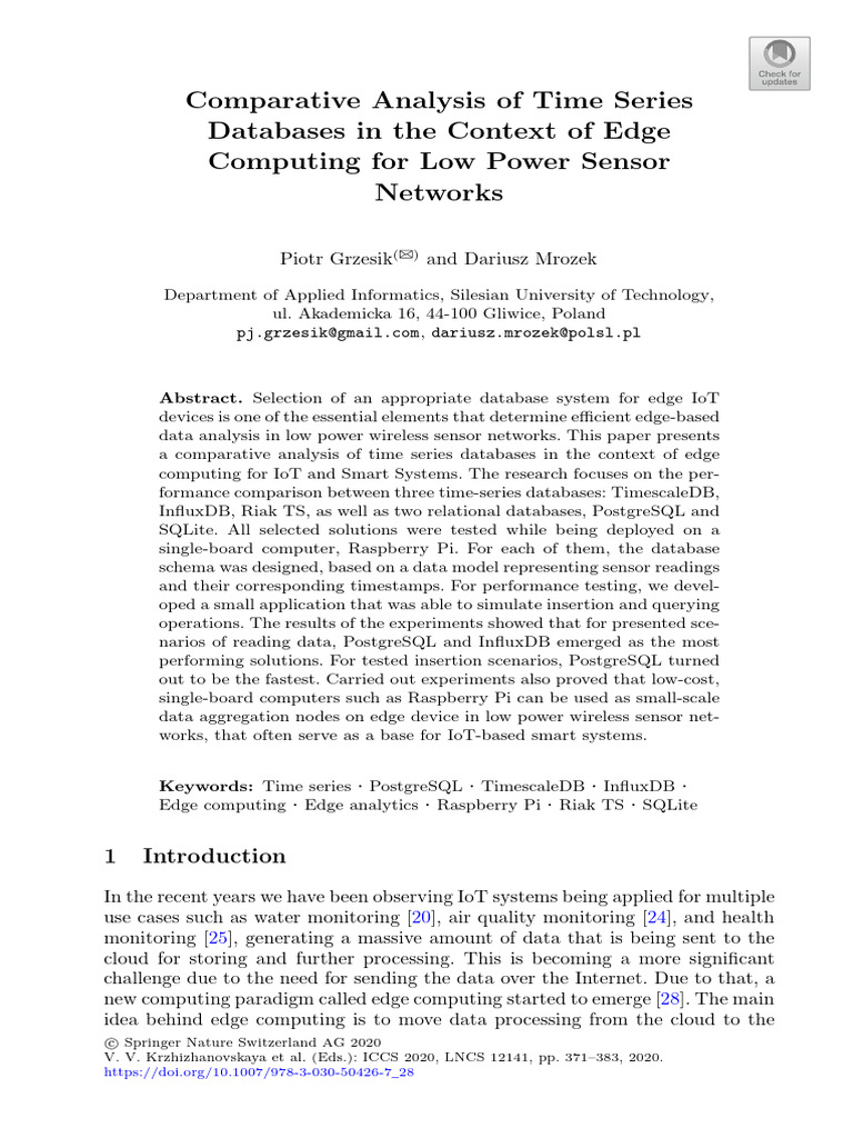 Grzesik 2020 Comparative Analysis of Time Series Databases in The Context of Edge Computing For ...