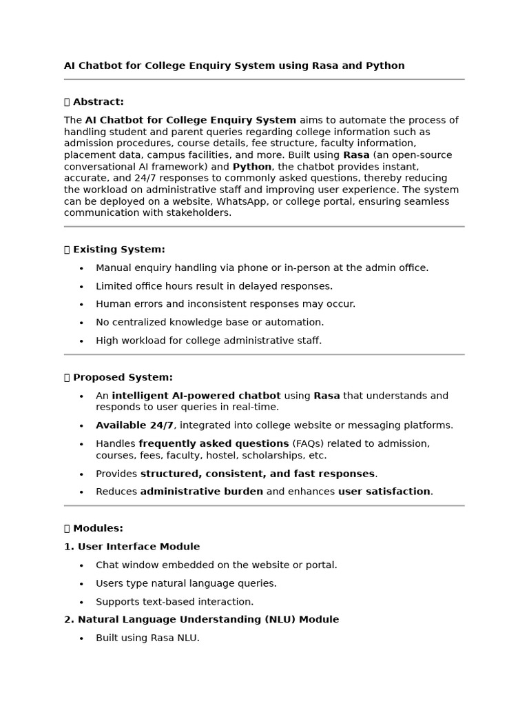 AI Chatbot For College Enquiry System Using Rasa and Python | PDF | Databases | Computing
