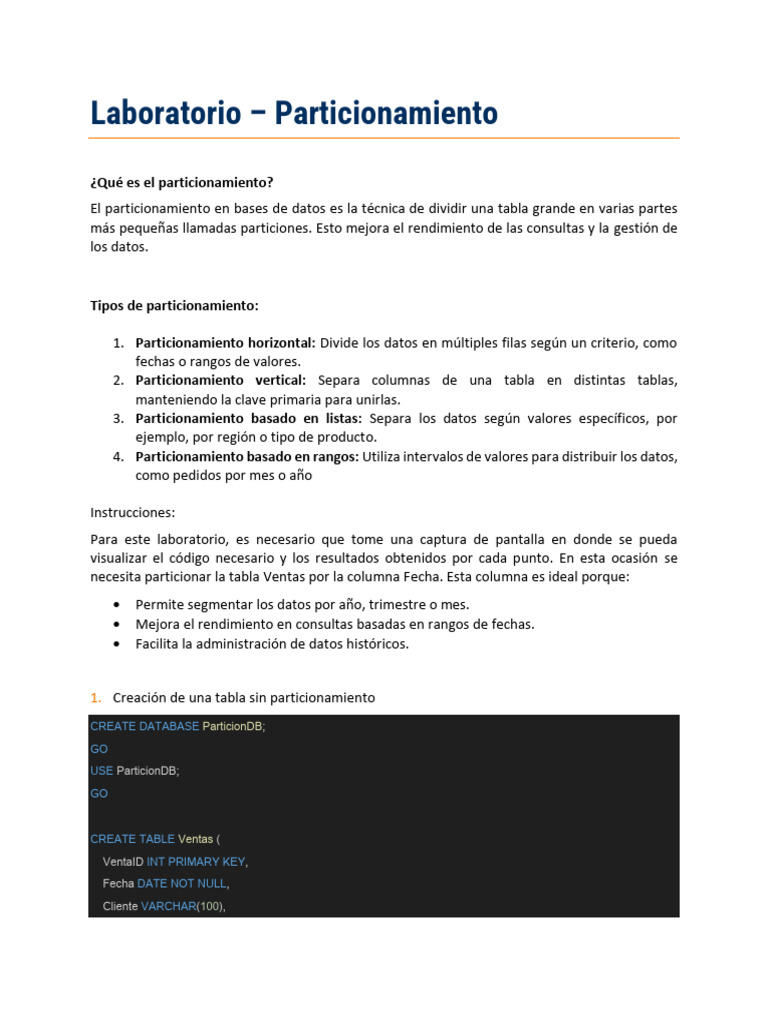 Laboratorio - Particionamiento | PDF | SQL | Gestión de datos