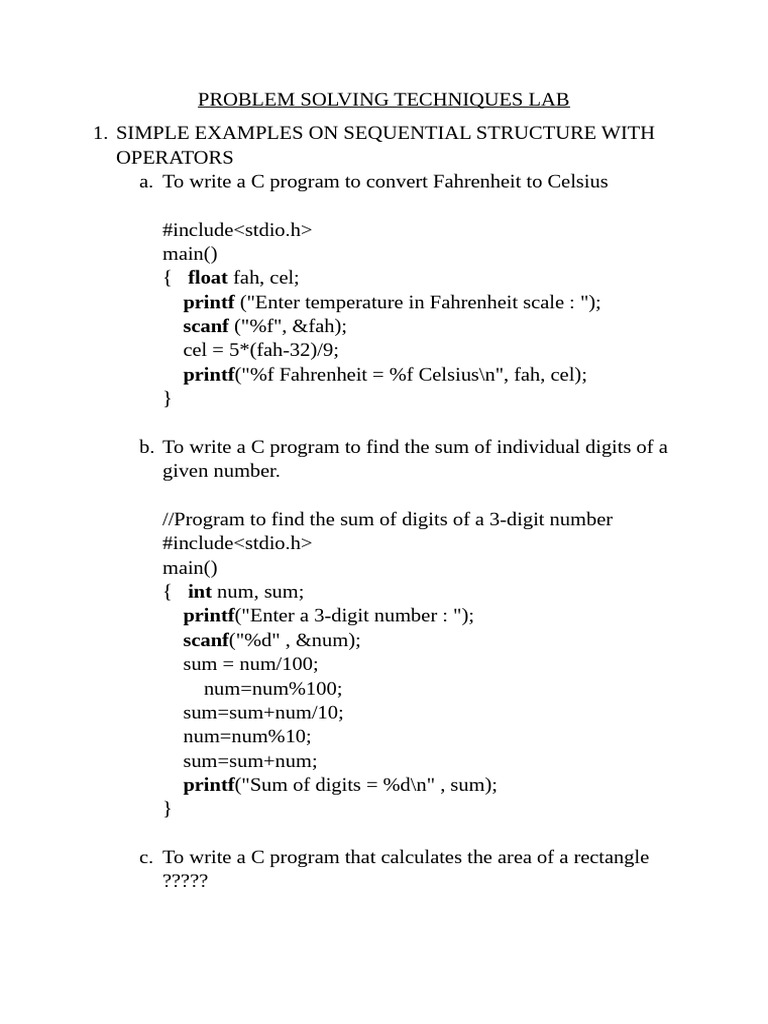 Problem Solving Techniques Lab | PDF | Fahrenheit | Computer Programming