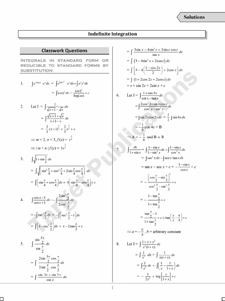 JEE Holistic Maths - Solution to Questions of the Chapter Indefinite Integration | PDF
