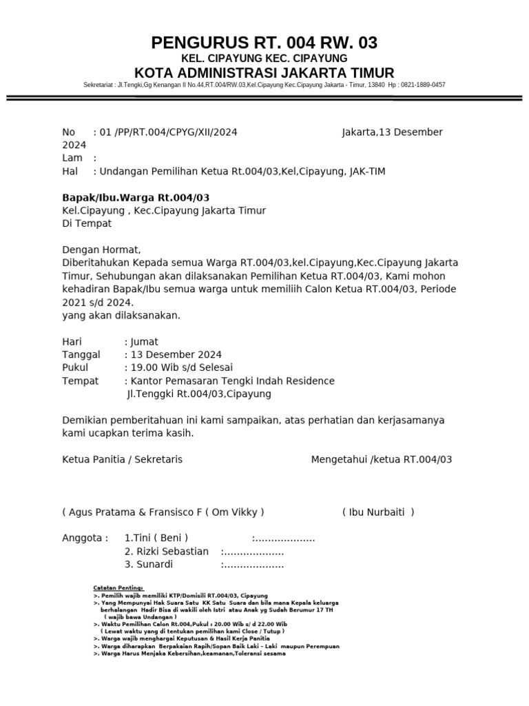 Undangan Pemilihan Ketua RT Cipayung | PDF