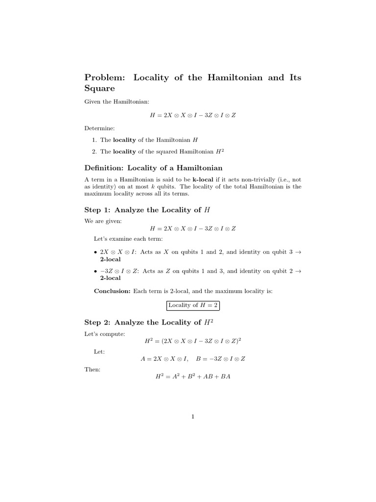 Problem on - Locality of the Hamiltonian and Its Square | PDF