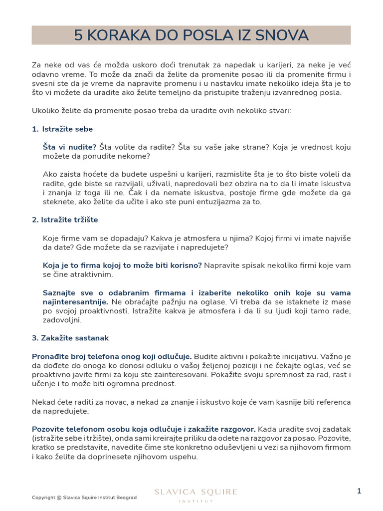 Lekcija 11 Radni List 1 5 Koraka Do Posla Od Snova | PDF