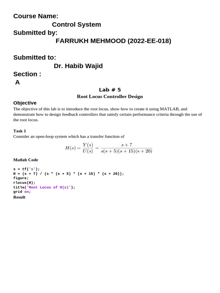 Root Locus Controller Design Lab | PDF | Electronics | Electrical ...