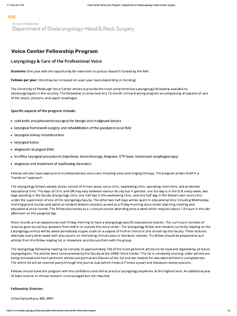 Voice Center Fellowship Program Details | PDF | Human Voice ...