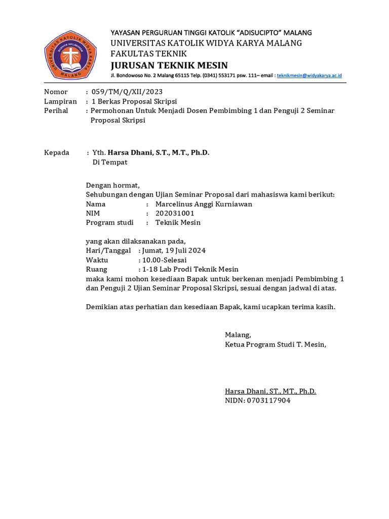 Surat Undangan Sebagai Penguji Dan Pembimbing Proposal Skripsi | PDF